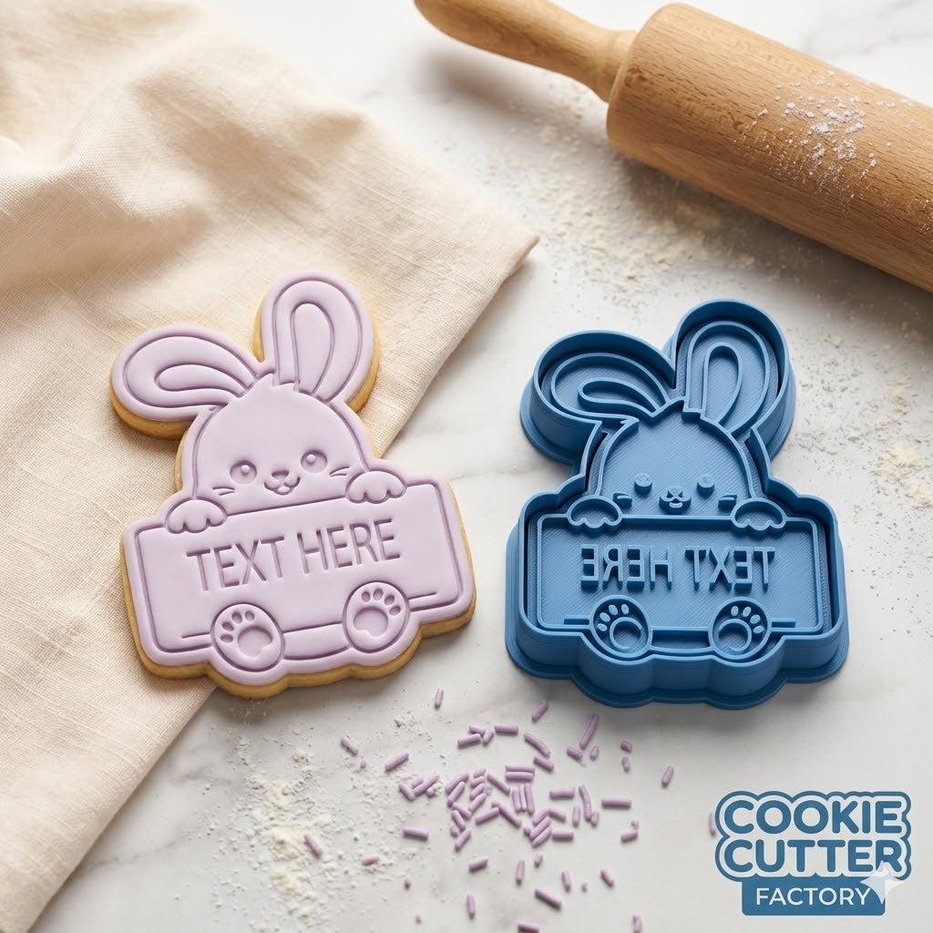 Personalised Bunny Holding Sign Cookie Cutter and Embosser Set ...